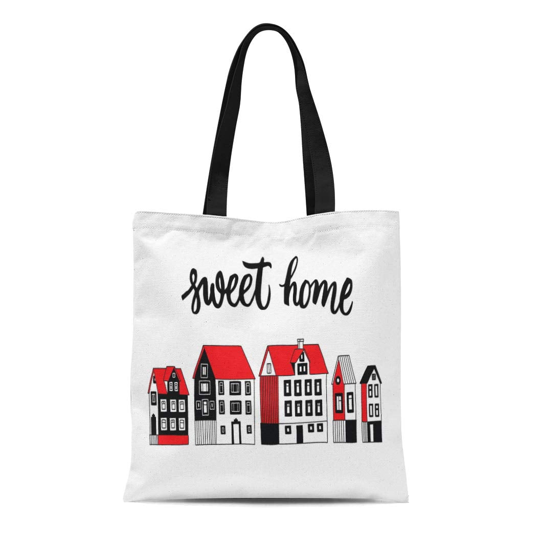 ASHLEIGH Canvas Tote Bag Red Architecture Sweet Home Lettering of Cute ...