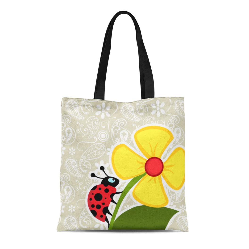 ASHLEIGH Canvas Tote Bag Red Cute Ladybug on Ecru Girly Pattern Flower ...