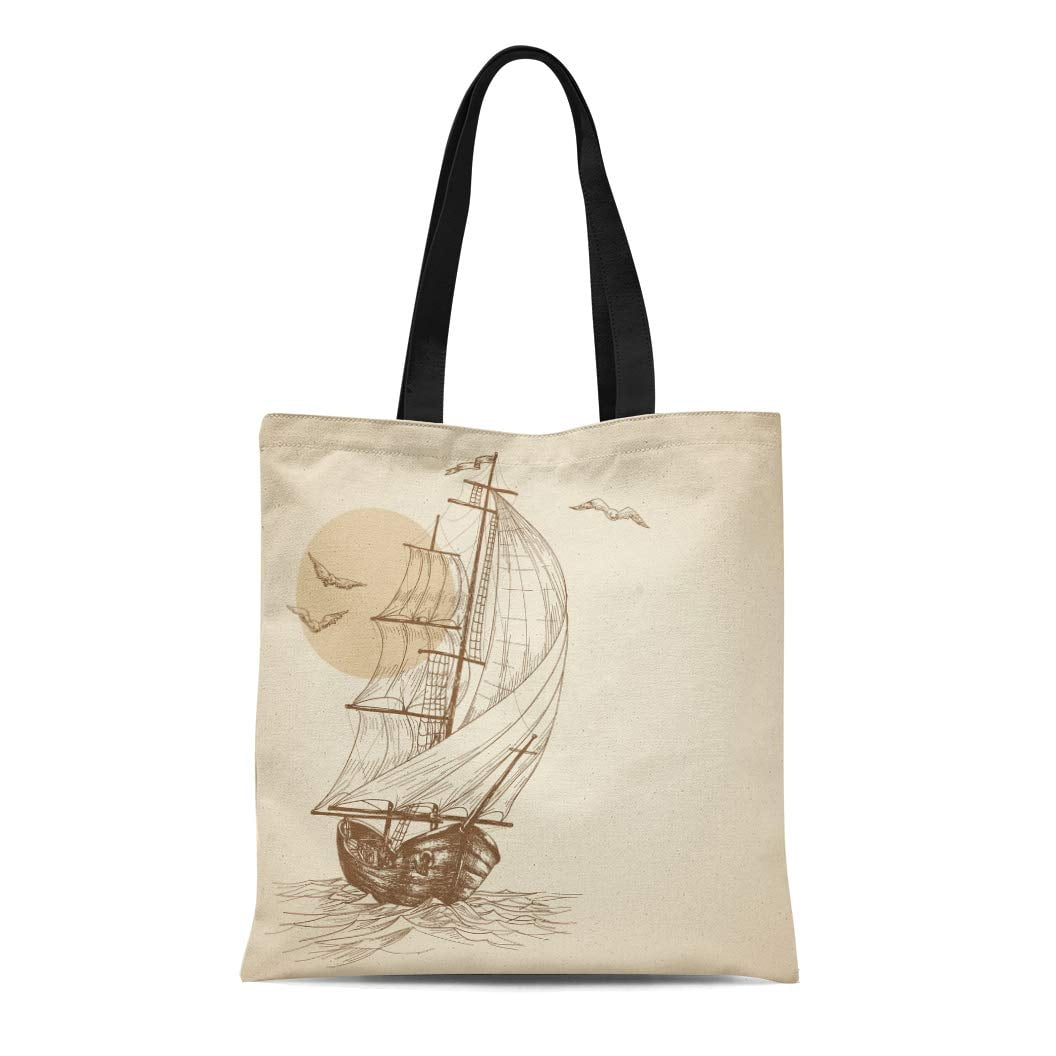 ASHLEIGH Canvas Tote Bag Ship Vintage Sailboat Boat Sketch Old Nautic ...