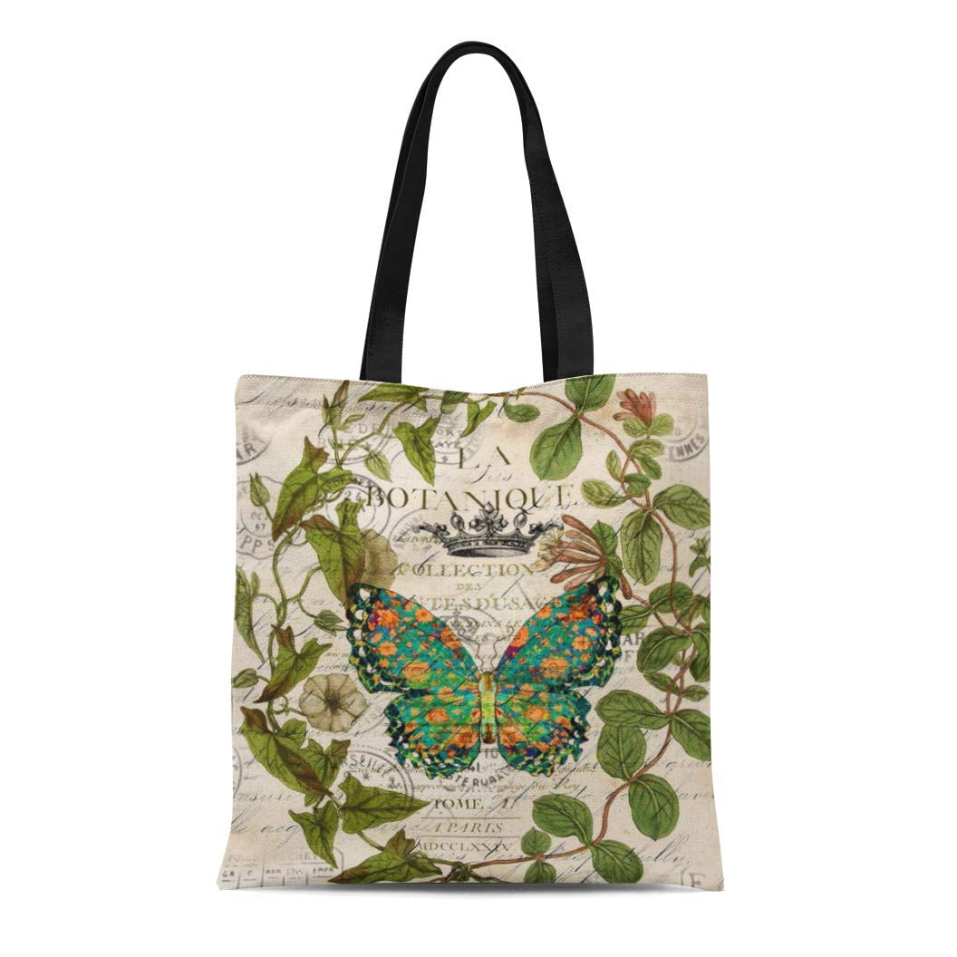 ASHLEIGH Canvas Tote Bag Teal Vintage Bohemian Scripts French Botanical ...