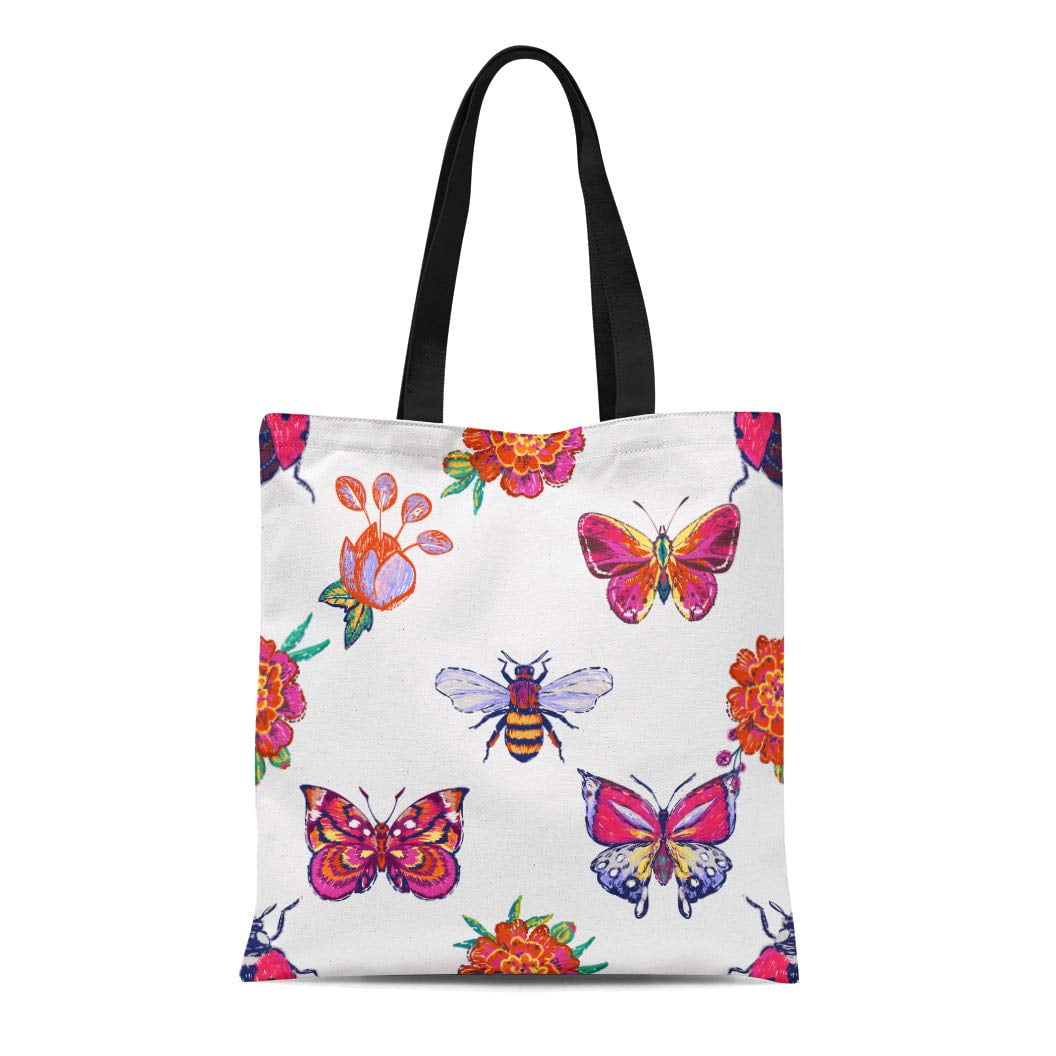 ASHLEIGH Canvas Tote Bag Tropical Butterfly Honey Bee Marigold Flowers ...