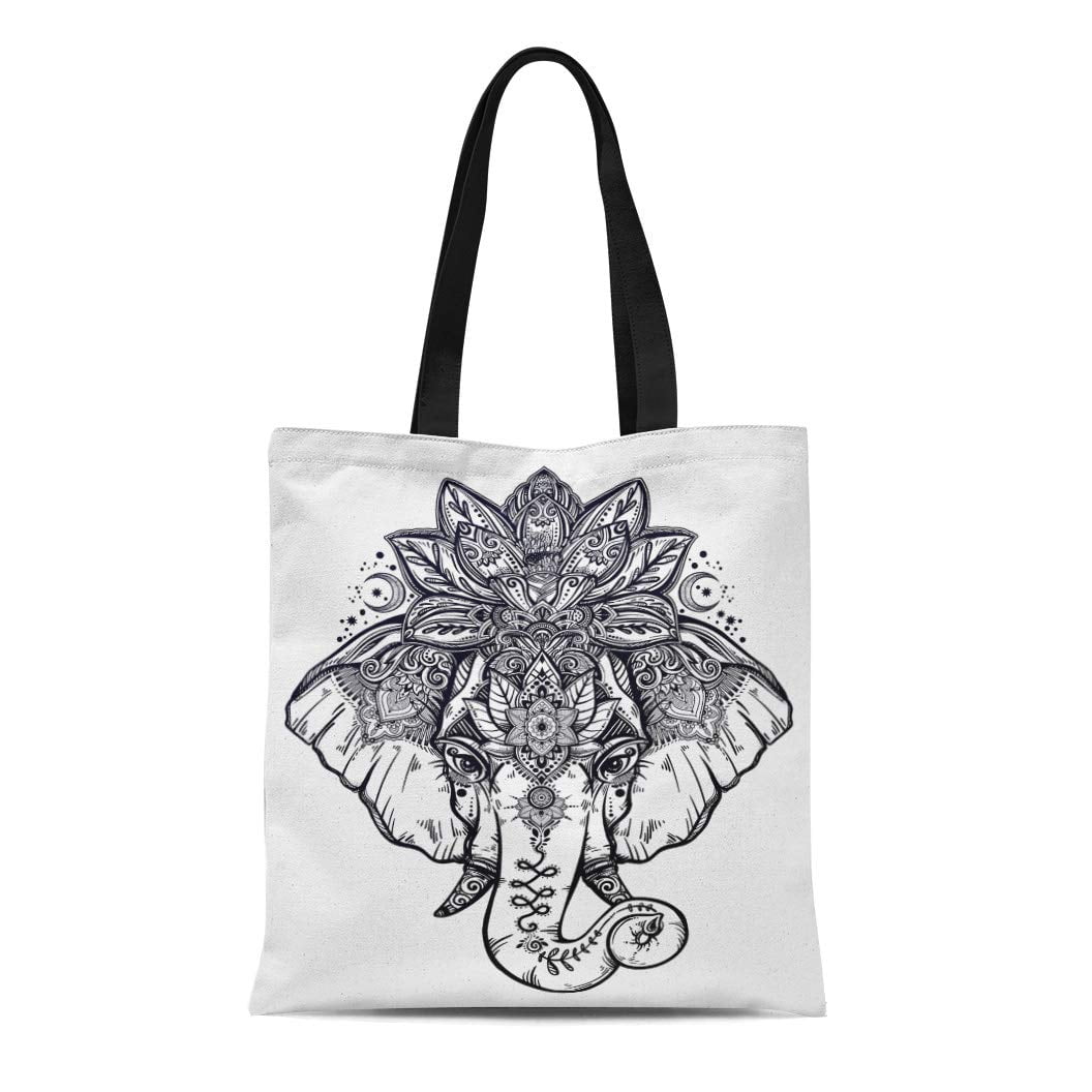 ASHLEIGH Canvas Tote Bag Vintage Elephant Ornate Lotus Mandala Crown Ideal Ethnic Tattoo ...