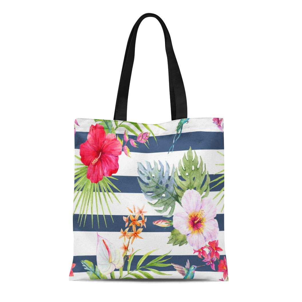 ASHLEIGH Canvas Tote Bag Watercolor Tropical Flower Pattern Hibiscus ...