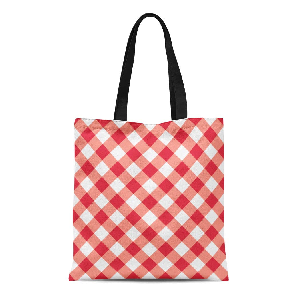 ASHLEIGH Canvas Tote Bag White Diagonal Red Table Plaid Gingham Picnic ...