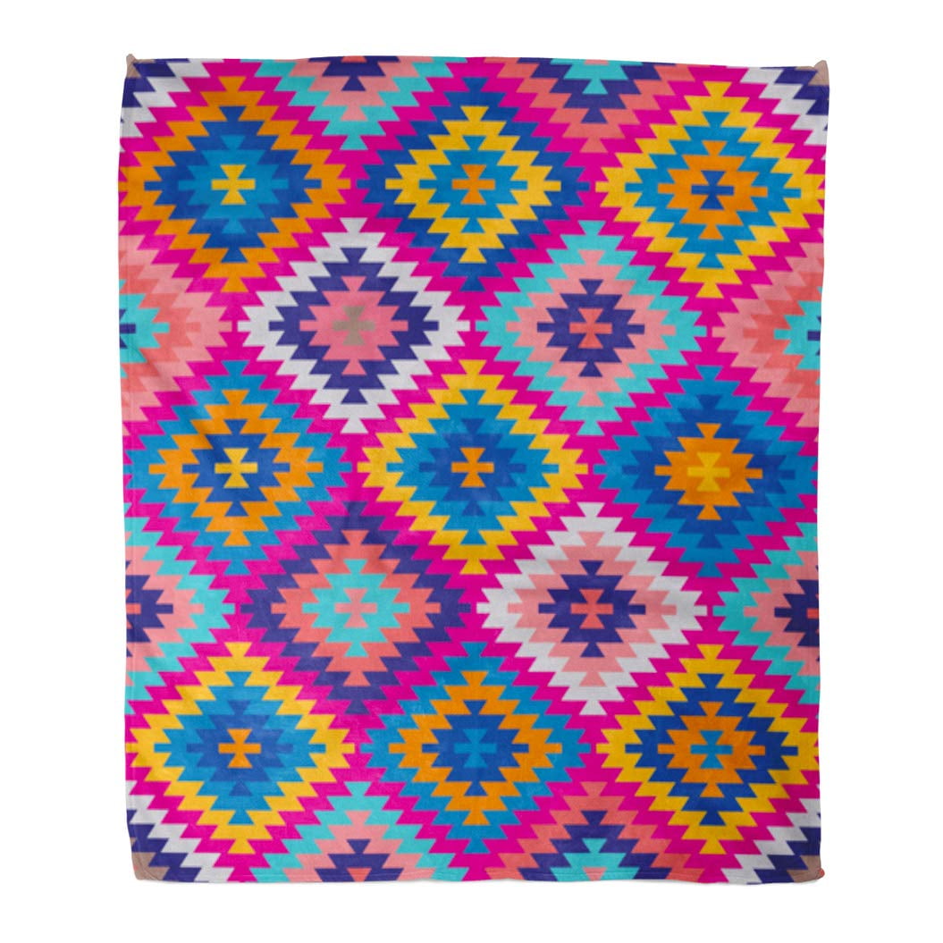 ASHLEIGH Flannel Throw Blanket Blue Abstract Turkish Kilim Inspired ...