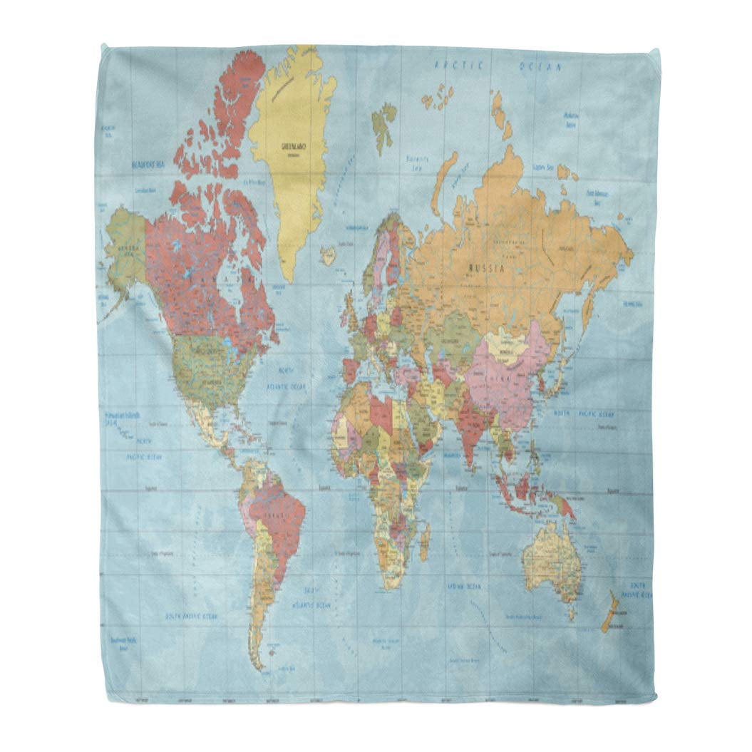 ASHLEIGH Flannel Throw Blanket Blue Detail Detailed Political World Map ...