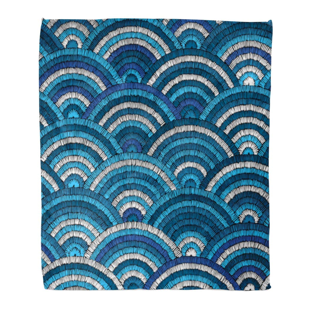ASHLEIGH Flannel Throw Blanket Border Abstract Wavy Embroidered Blue ...