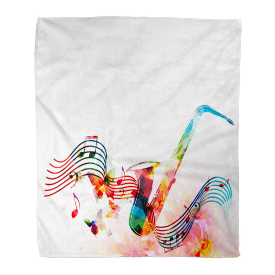 ASHLEIGH Flannel Throw Blanket Brass Colorful Saxophone Music Notes and ...