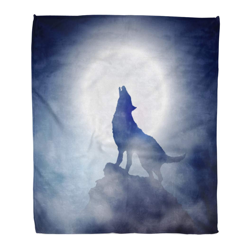 ASHLEIGH Flannel Throw Blanket Fog Blue Werewolf Wolf Howling at The ...