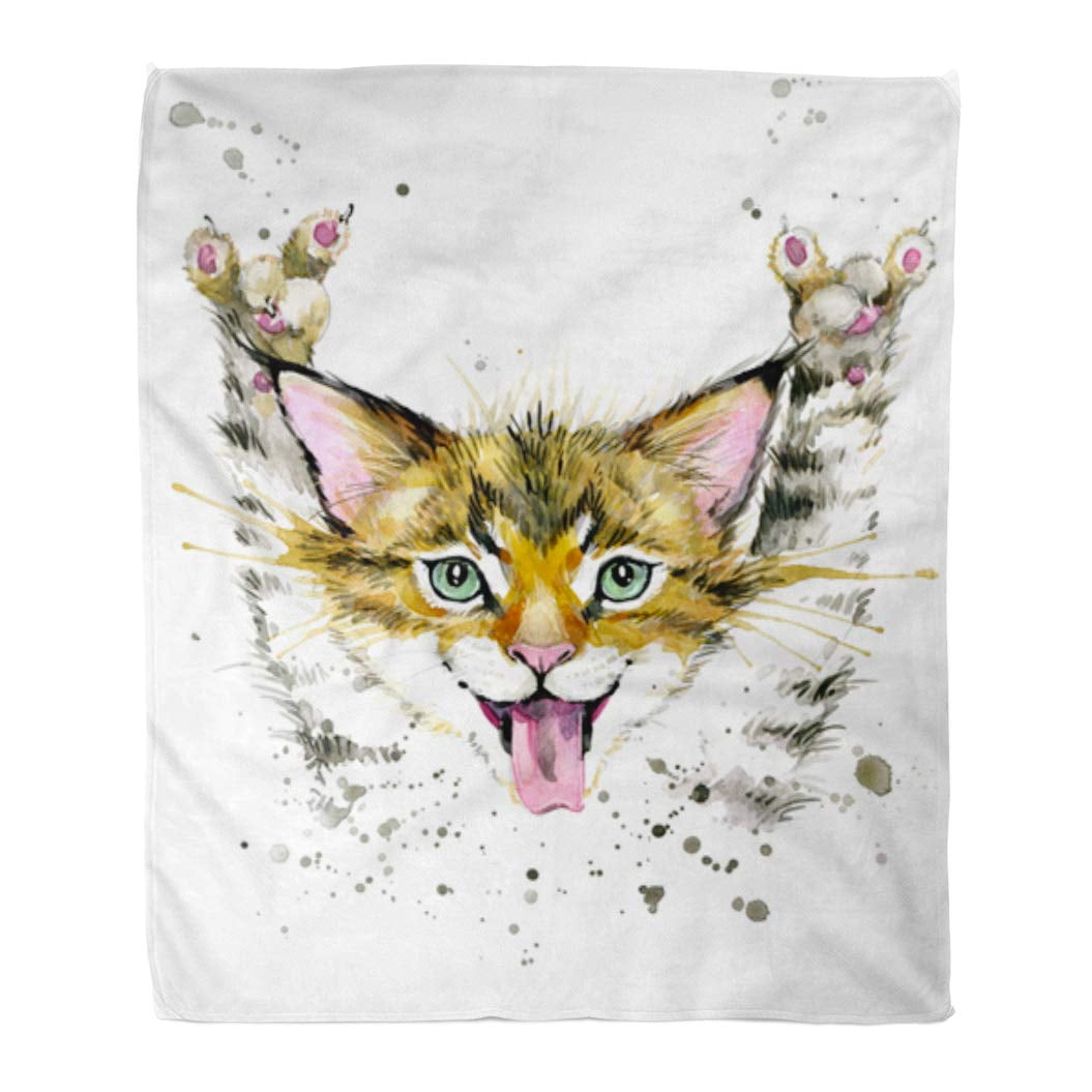 ASHLEIGH Flannel Throw Blanket Funny Cute Cat Watercolor Cartoon Pencil ...