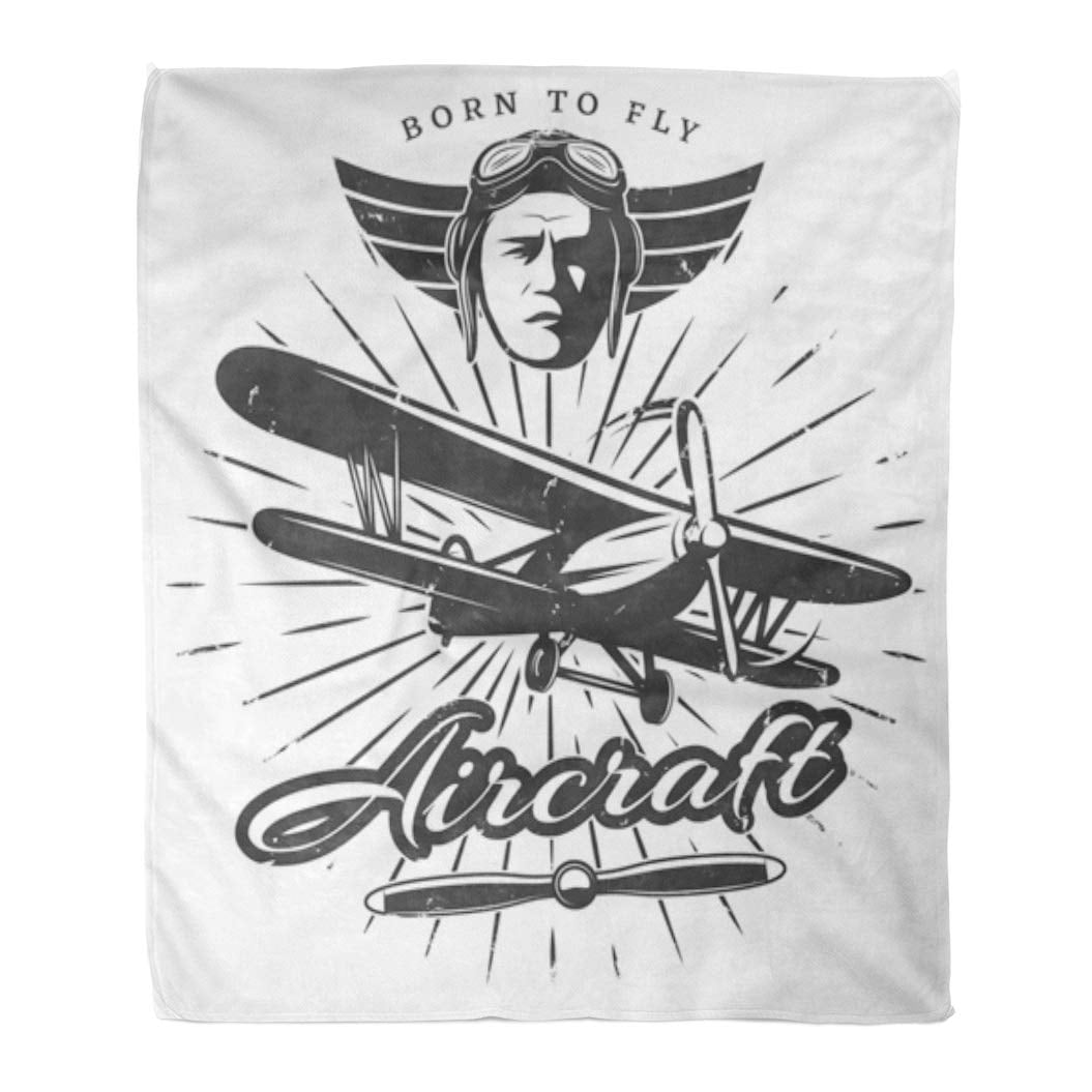 ASHLEIGH Flannel Throw Blanket Monochrome Vintage Aircraft Label ...
