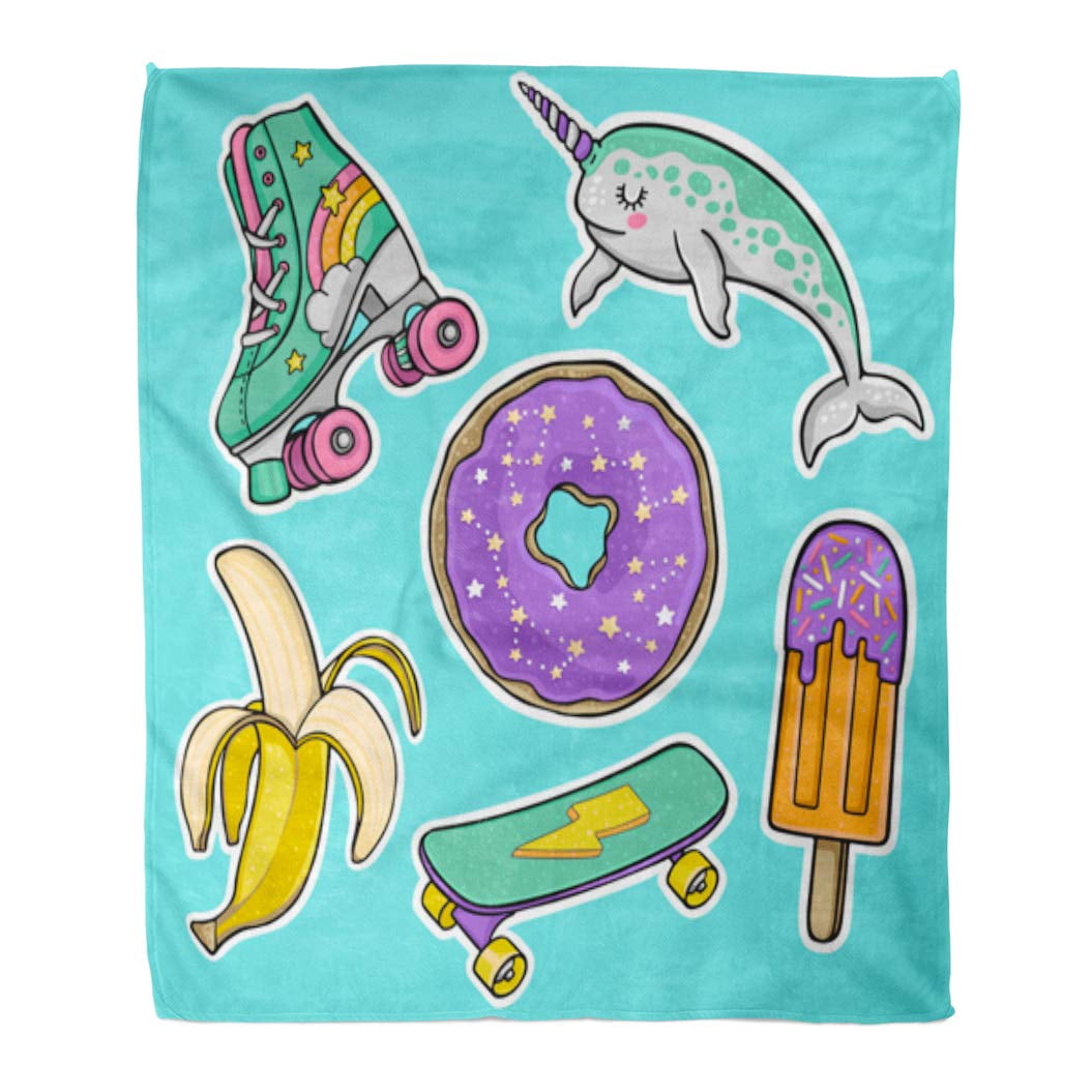 ASHLEIGH Flannel Throw Blanket Patch Badges Cute Cartoon Narwhal Donut ...