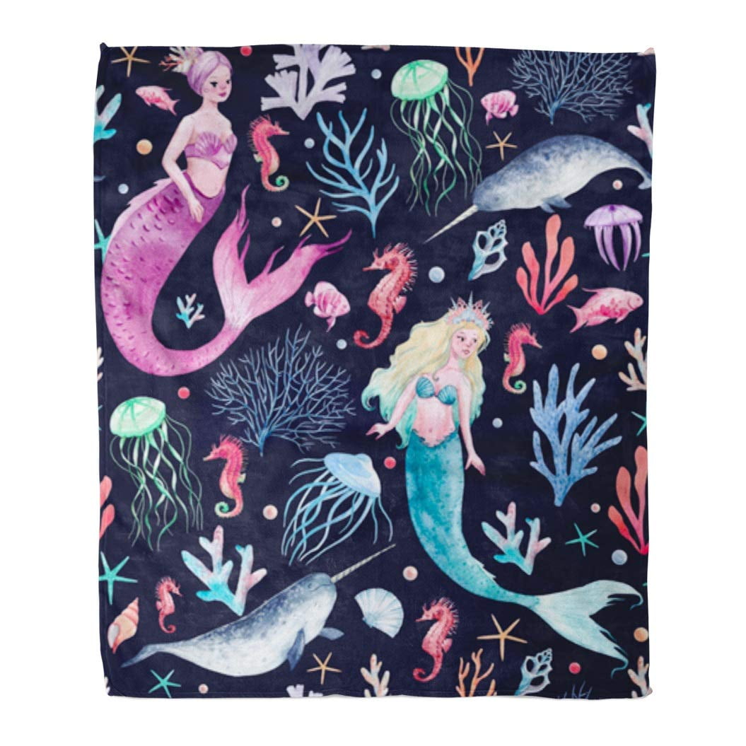 ASHLEIGH Flannel Throw Blanket Watercolor Sea Pattern Mermaids Corals ...