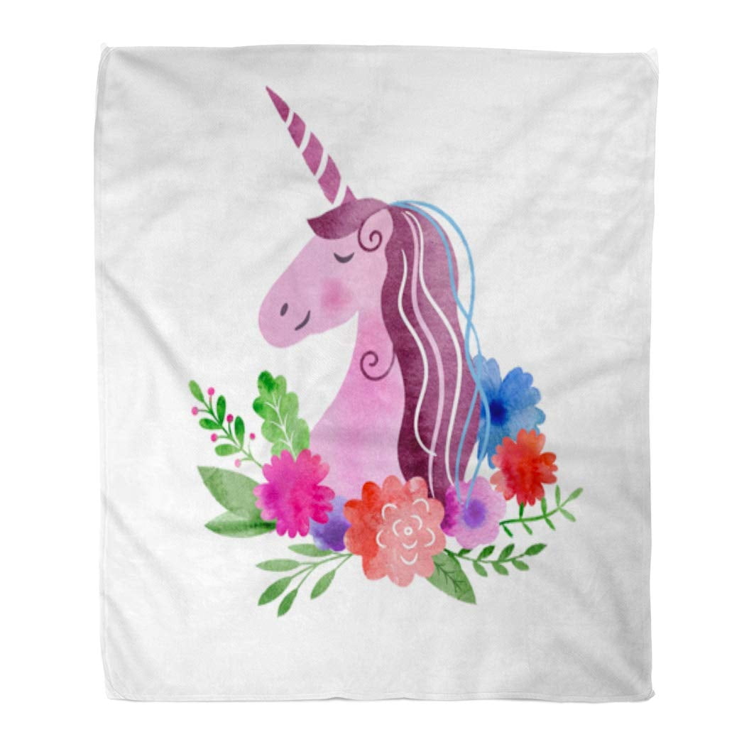 ASHLEIGH Flannel Throw Blanket Watercolour Watercolor Unicorn Portrait ...