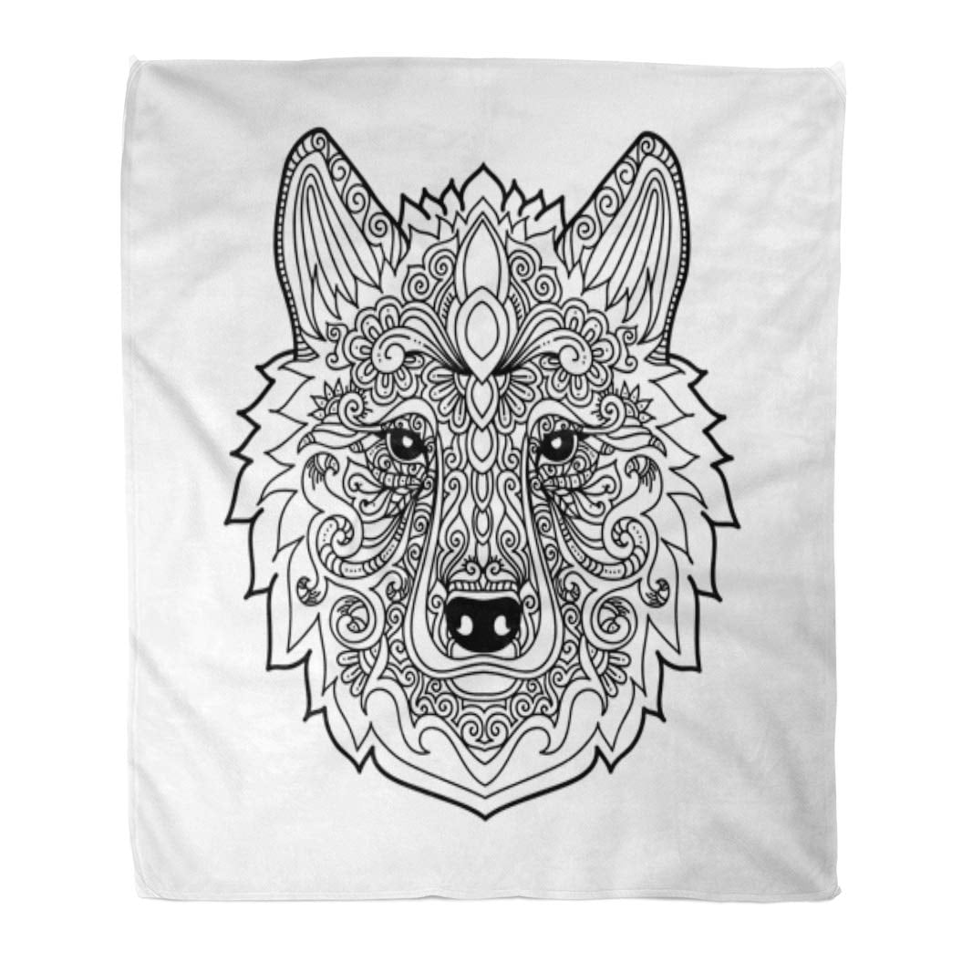 ASHLEIGH Flannel Throw Blanket Wolf Ethnic Floral Doodle Pattern ...