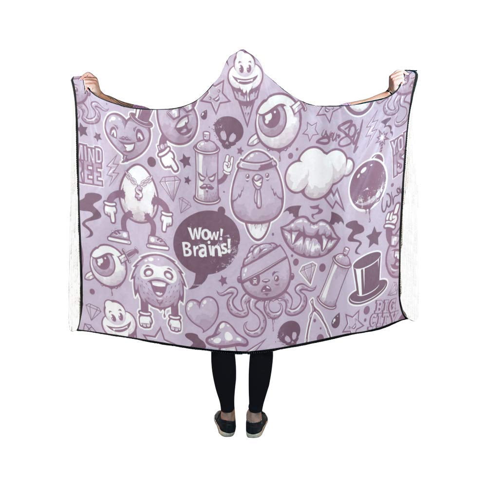 ASHLEIGH Hooded Blanket Graffiti Bizarre Pattern Wearable Hooded Throw ...