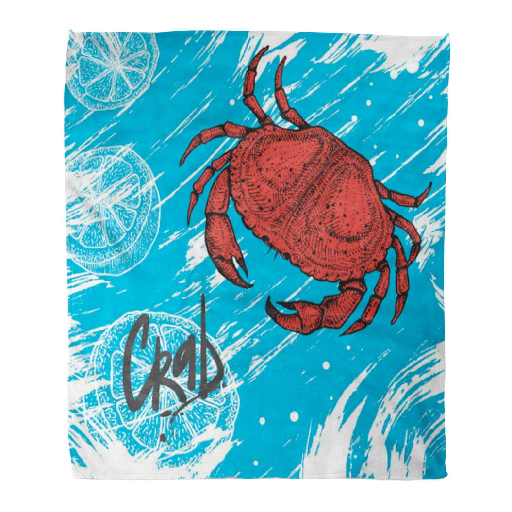 ASHLEIGH Throw Blanket 58x80 Inches Blue Drawing of Crab with Lemon ...