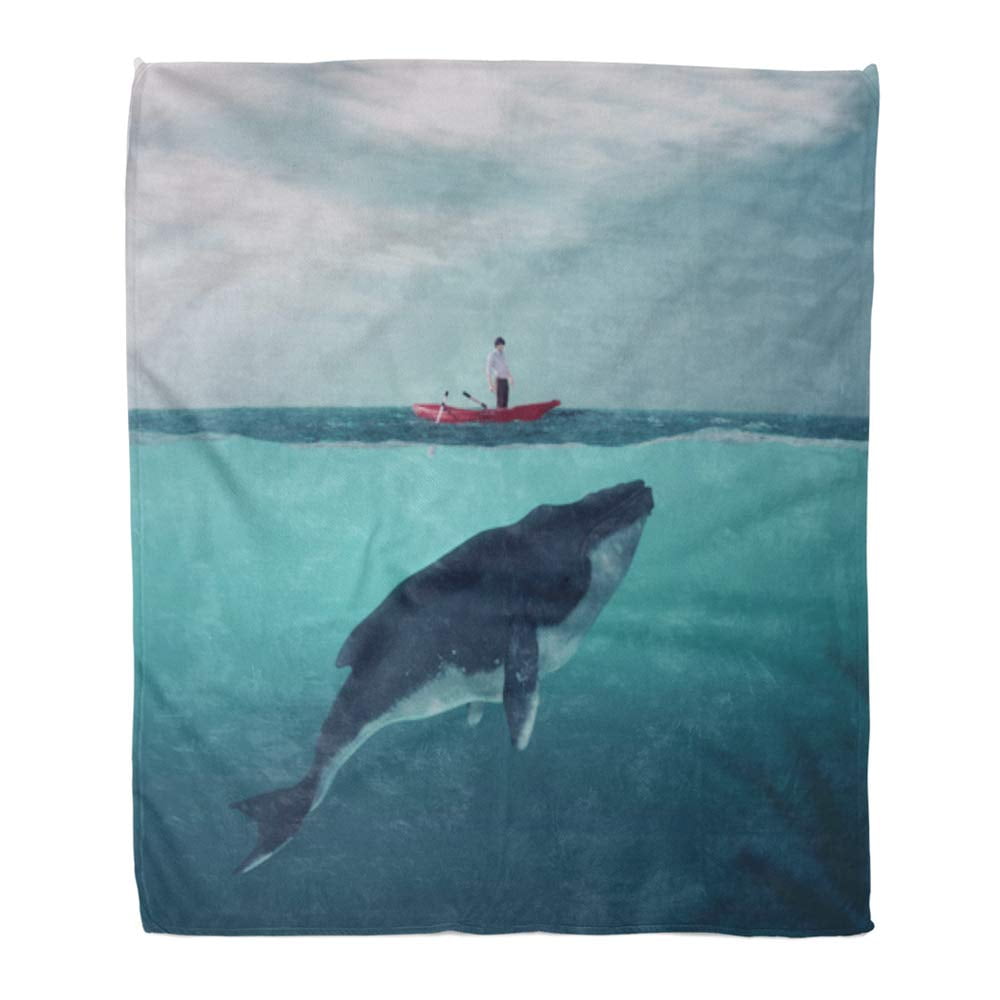 ASHLEIGH Throw Blanket Warm Cozy Print Flannel Blue Surreal Man in Boat ...
