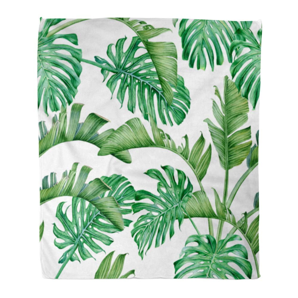 ASHLEIGH Throw Blanket Warm Cozy Print Flannel Green Tropical Palm ...