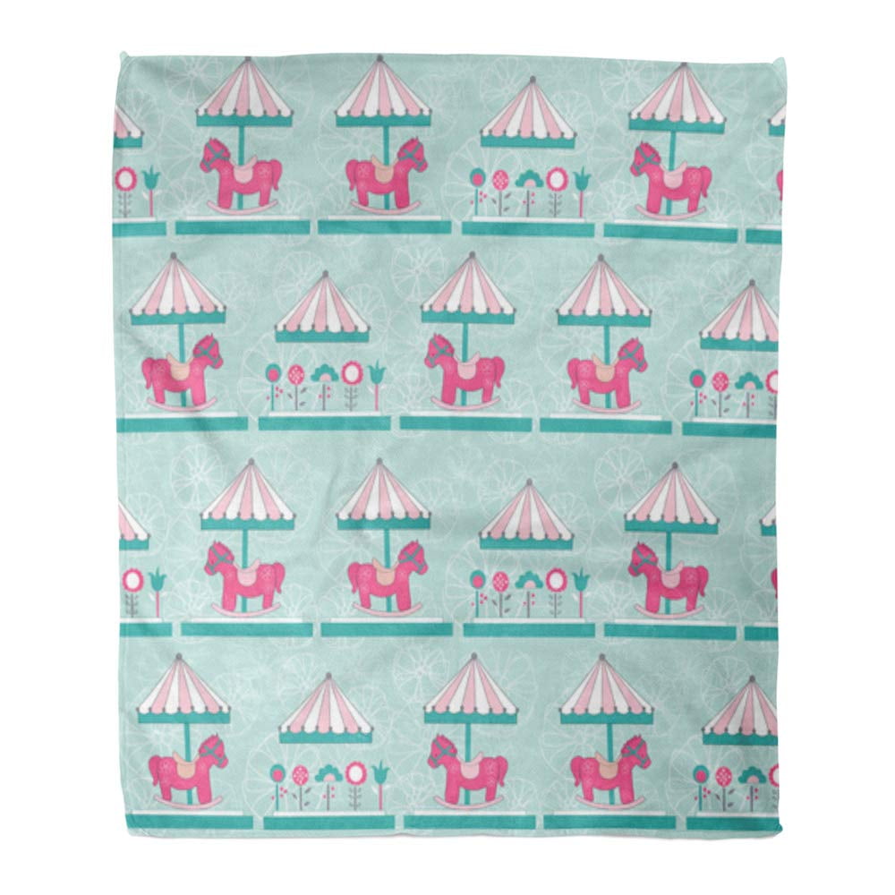 ASHLEIGH Throw Blanket Warm Cozy Print Flannel Pink Amusement Children Horse Pattern Carousel ...
