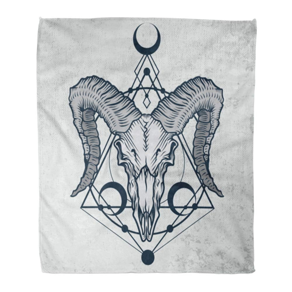 ASHLEIGH Throw Blanket Warm Cozy Print Flannel Ram Skull in Ink Graphic ...