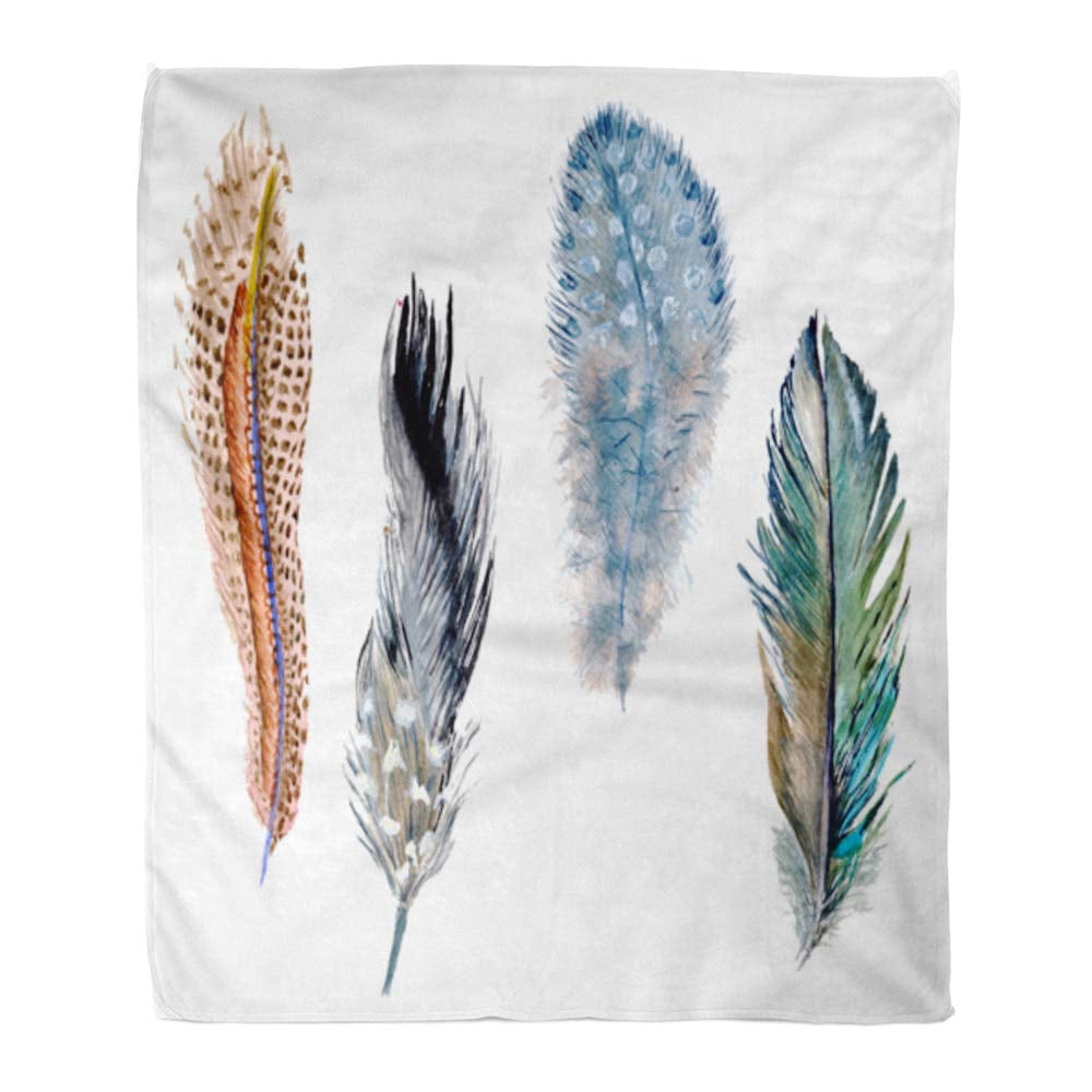 ASHLEIGH Throw Blanket Warm Cozy Print Flannel Watercolor Bird Feather ...