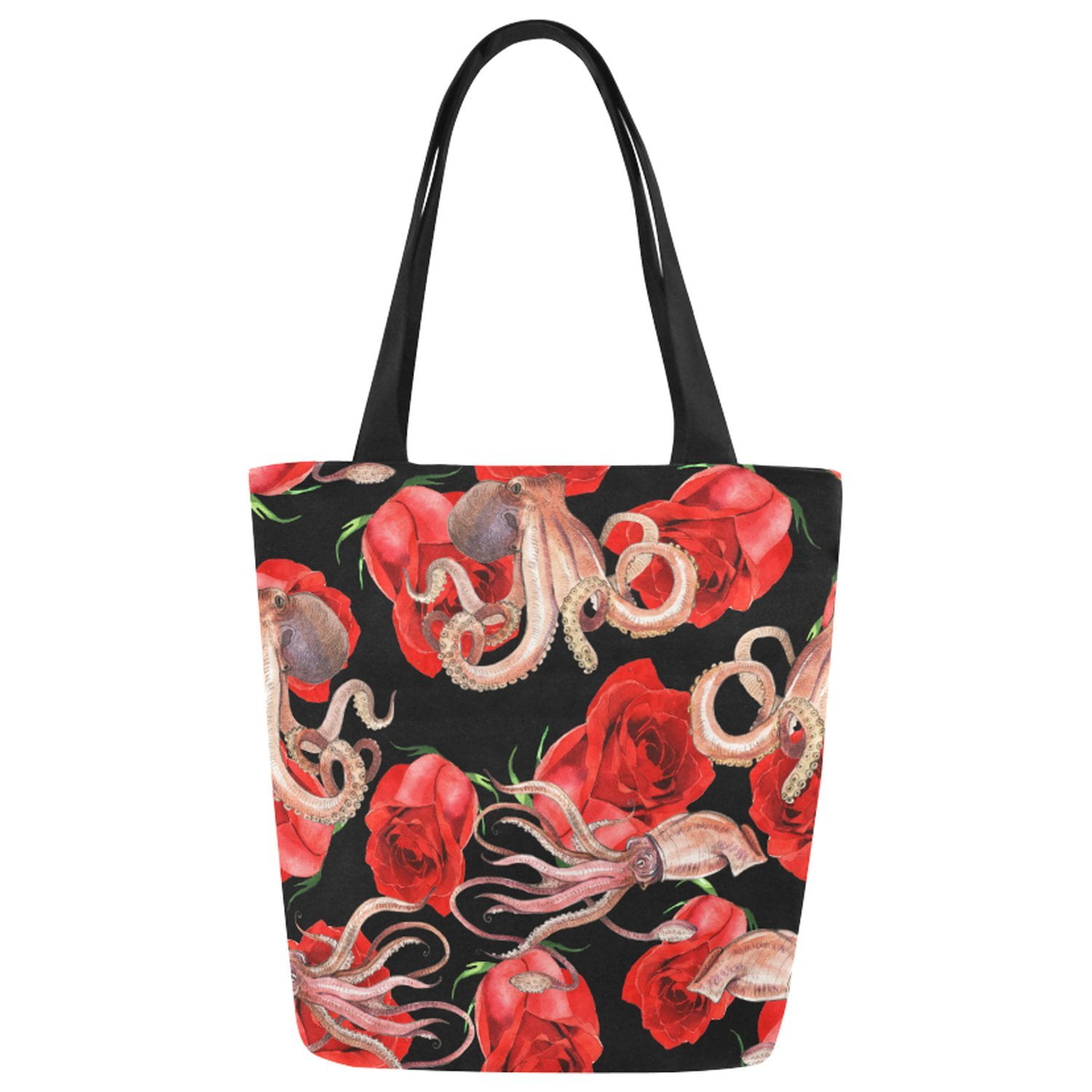 ASHLEIGH Watercolor Squid Octopus Rose Canvas Tote Bag Shoulder Handbag ...