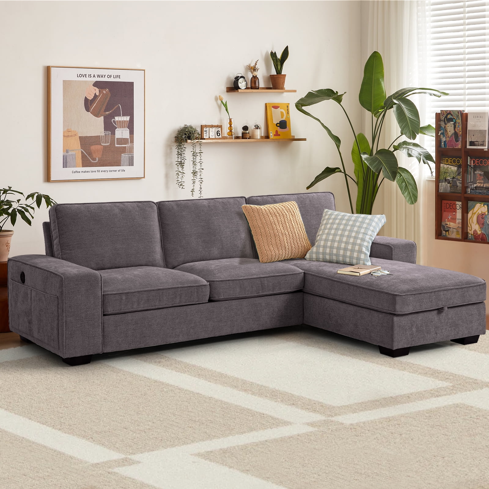 ASHOMELI Comfy Room 99'' Convertible Sectional Sofa, L Shaped Couch with USB, Type-C Ports ...