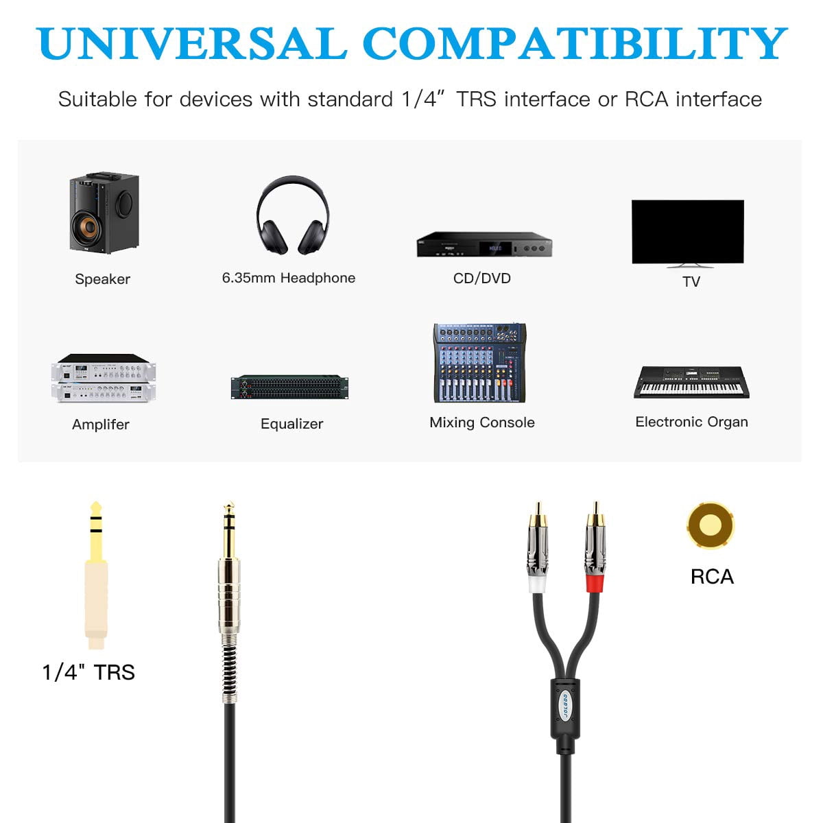 ASIASN-1/4" TRS to Dual RCA Insert Cable, Male 6.35mm 1/4" TRS to 2RCA ...