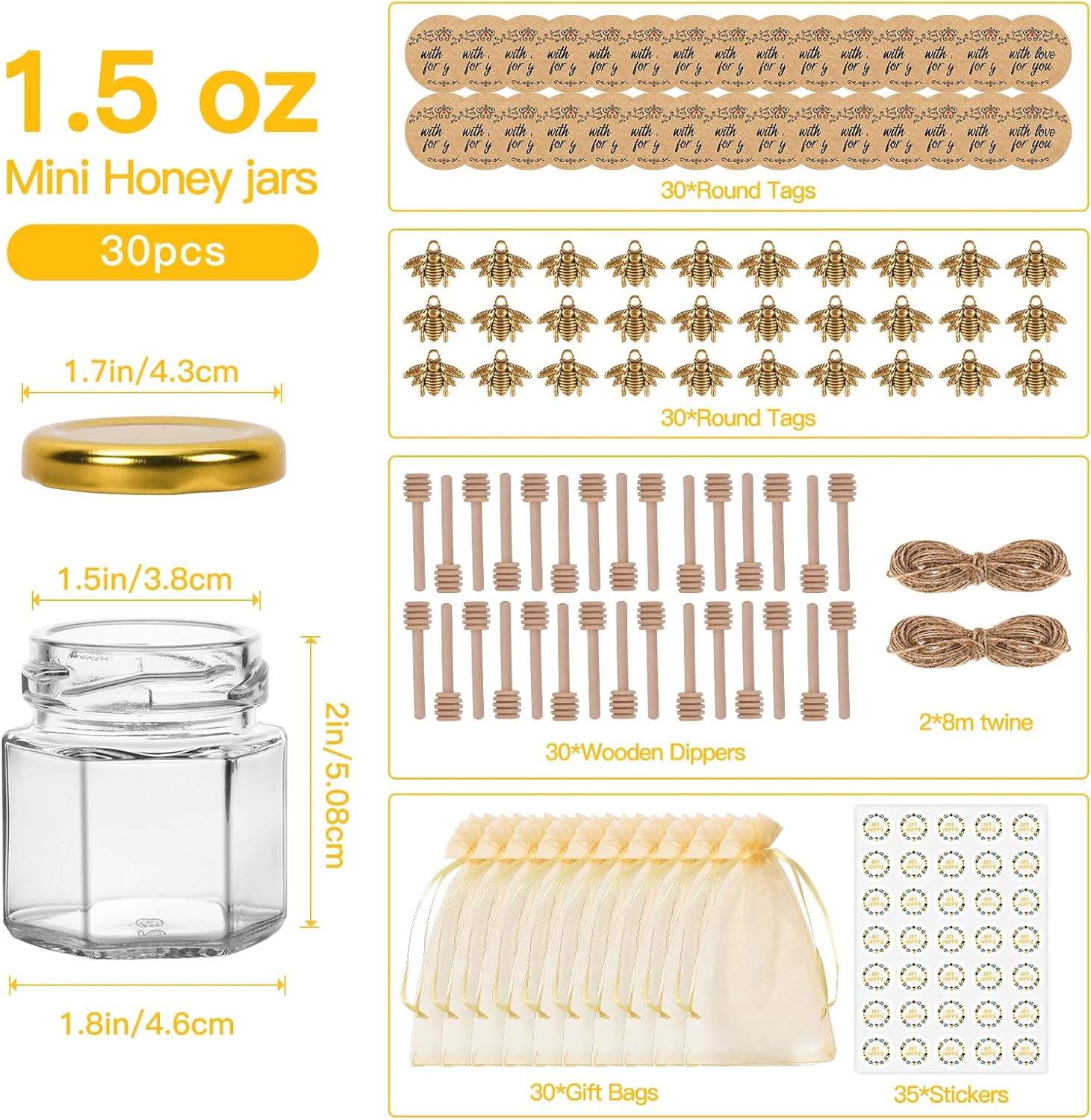 ASIASN-1.5 oz Mini Honey Jars with Dipper 30 Pack, Glass Hexagon Honey ...