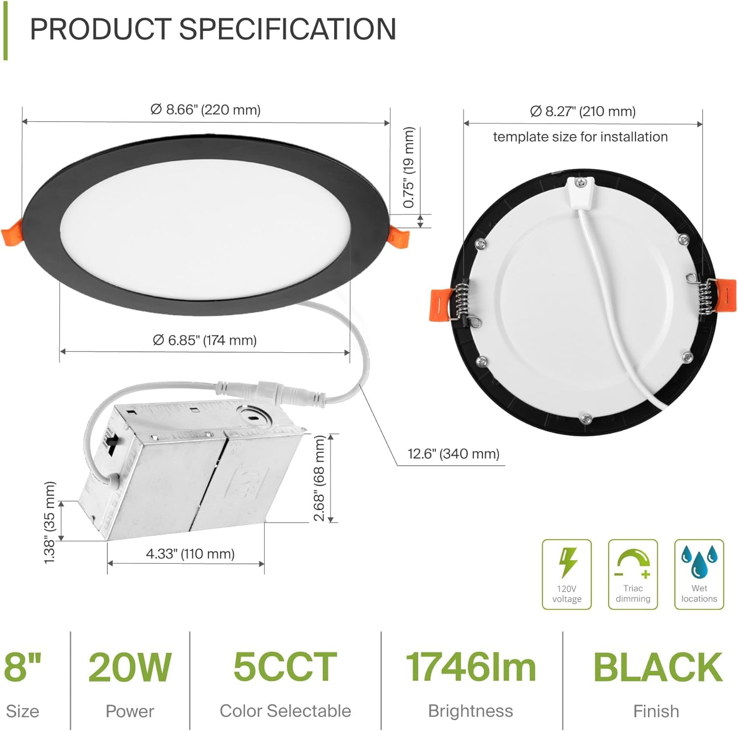 ASIASN-1 Pack 8 Inch LED Recessed Light 20W, 5 CCT 2700K-5000K CRI90 ...