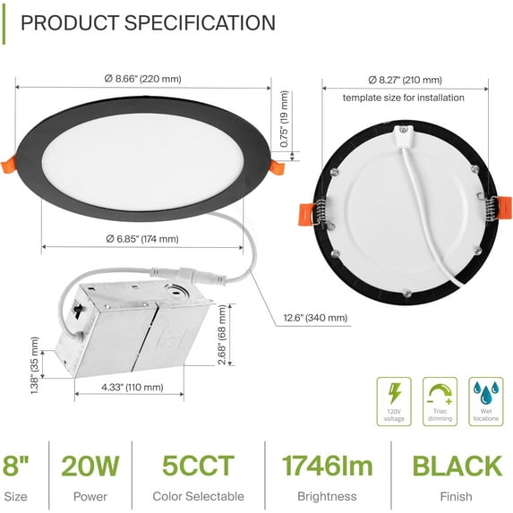ASIASN-1 Pack 8 Inch LED Recessed Light 20W, 5 CCT 2700K-5000K CRI90 ...