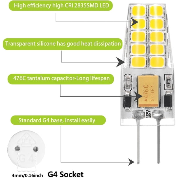 ASIASN-10 Pack G4 LED Bulb 12V AC DC Daylight White 5000K 3W G4 Bulb ...
