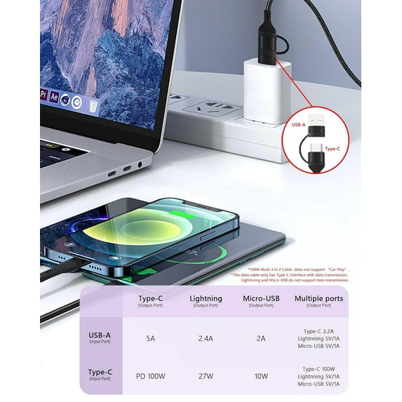 ASIASN-100W Multi 3 in 2 Fast Charging Cable 10FT, Black Long Nylon ...