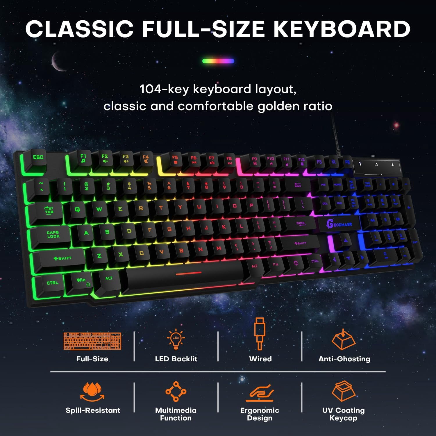 ASIASN-104 Keys Gaming Keyboard, Full Size LED Backlit Wired Keyboard ...