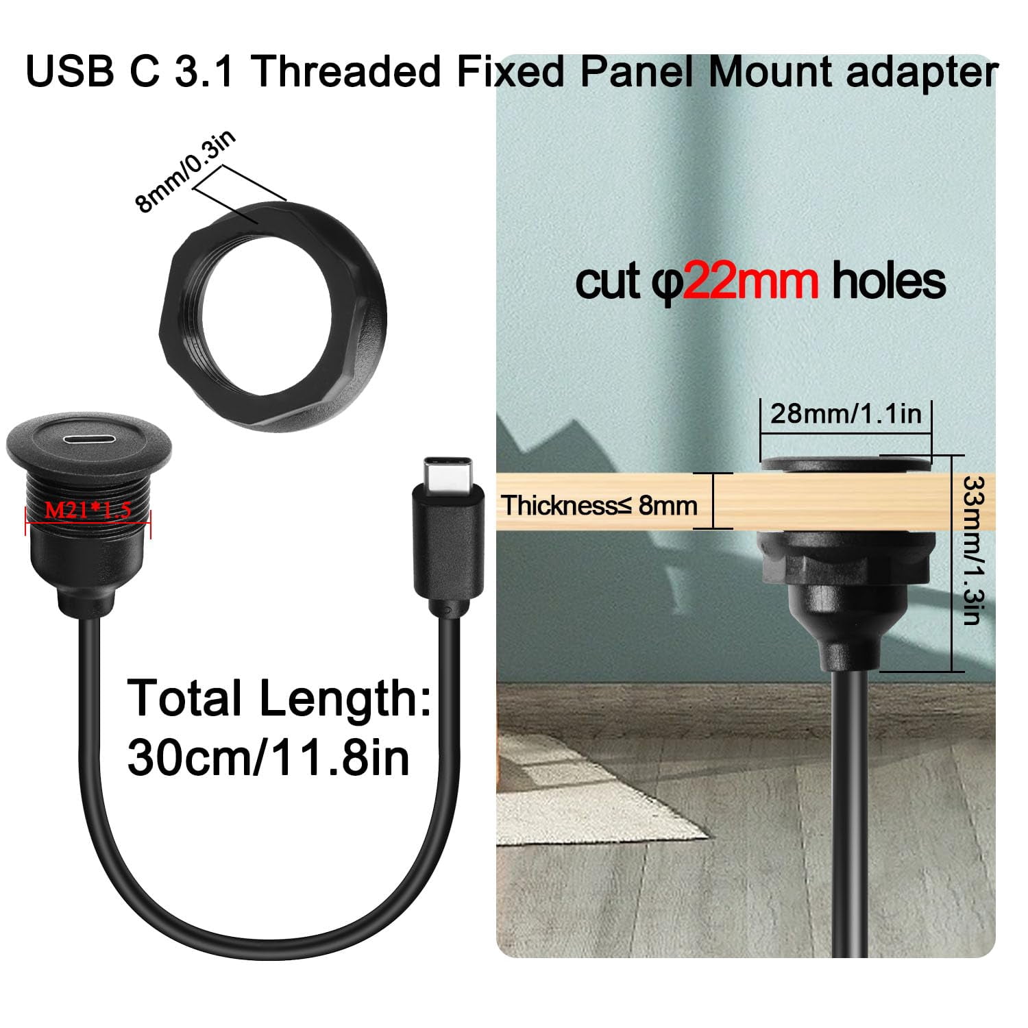 ASIASN-10Gbps USB C 3.1 Threaded Fixed Mount Connector Short Cable PD ...