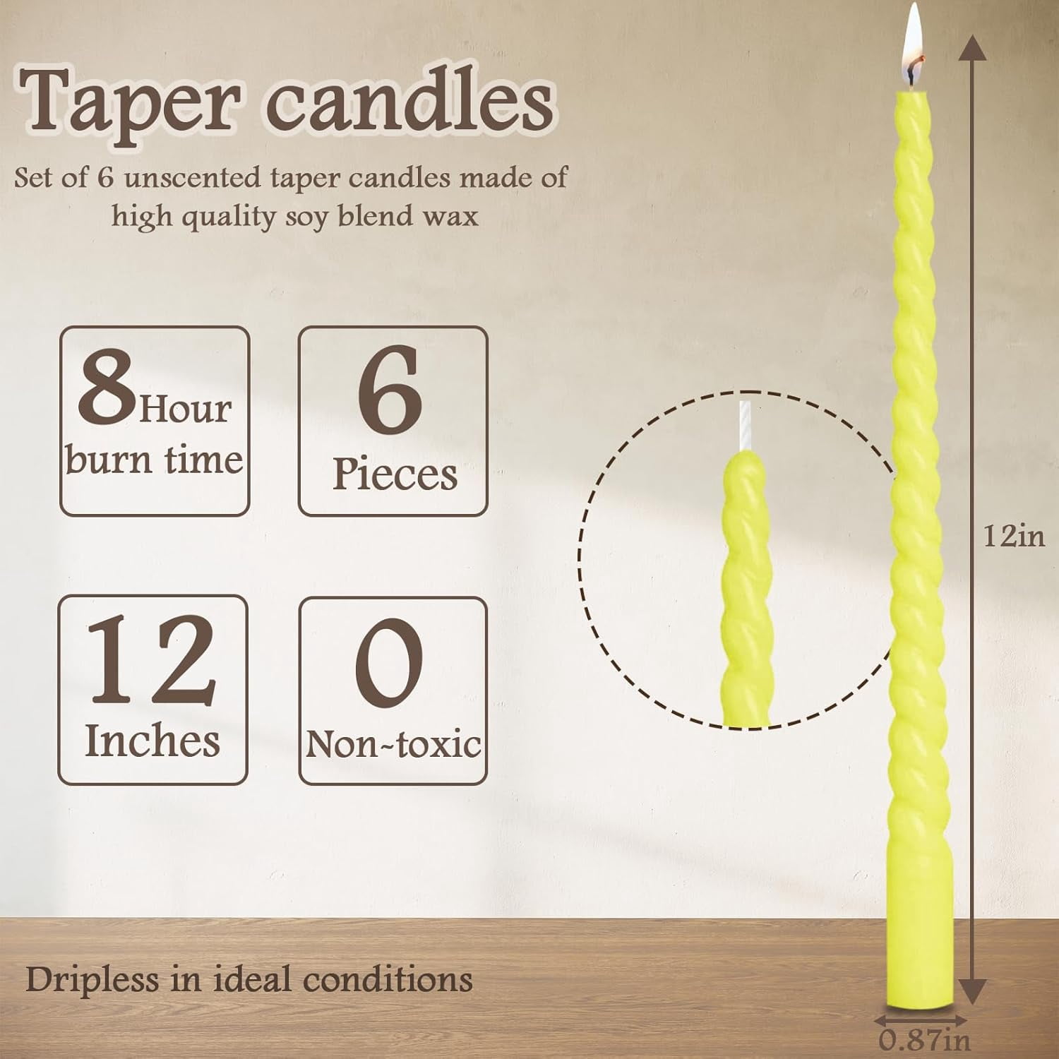 ASIASN-12 Inch Spiral Taper Candles, Smokeless Dripless Long Candle ...