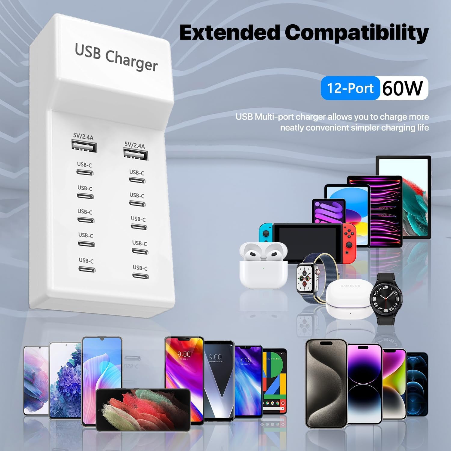 ASIASN-12-Port 60W USB Charging Station, MultiPort Charger [10 USB-C+2 ...