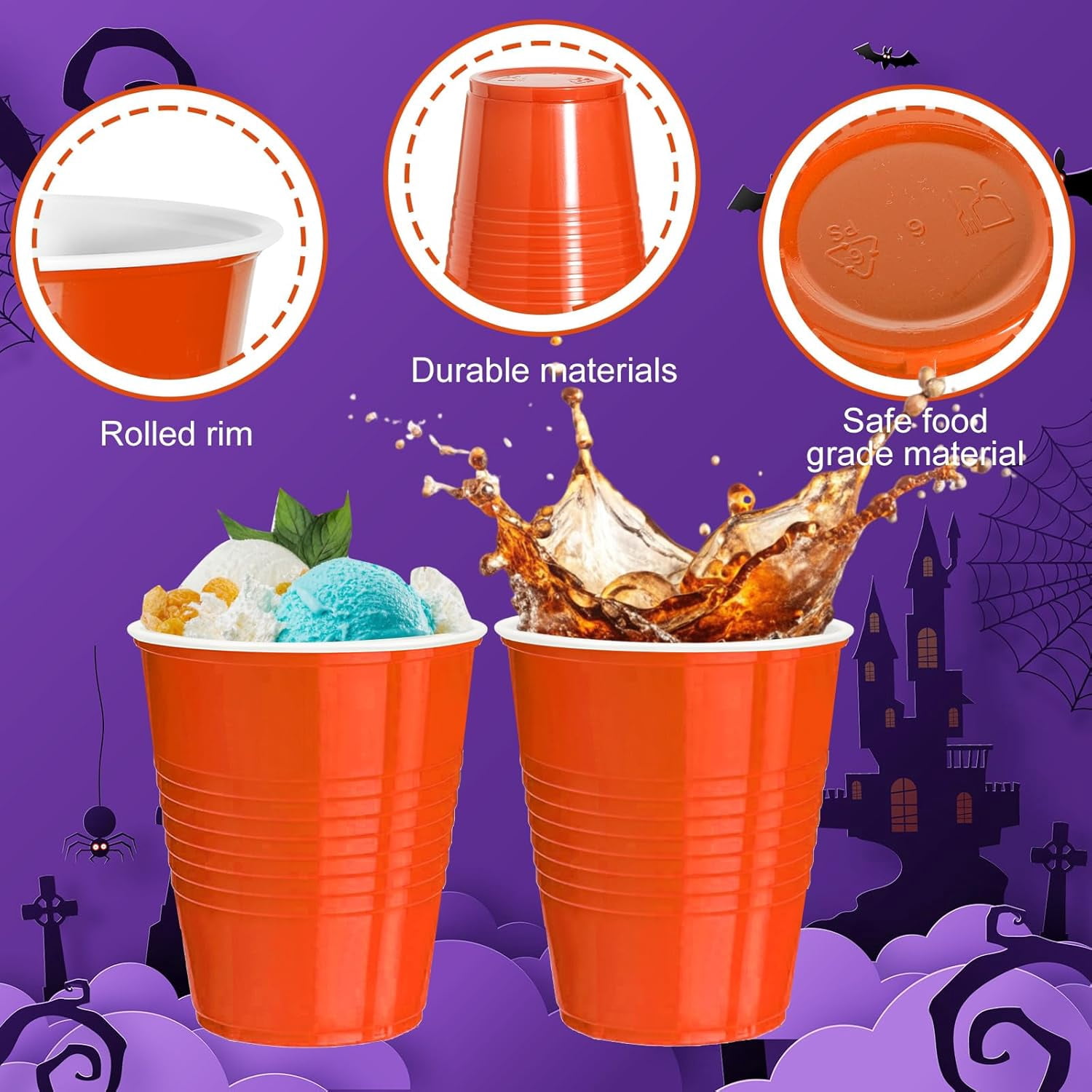 ASIASN-120 pcs 12 oz Orange plastic cups Halloween plastic Disposable ...