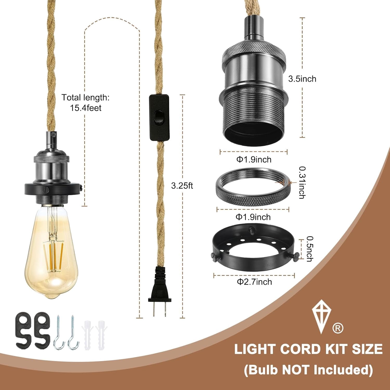 ASIASN-15.4Ft Pendant Light Cord Kit, Plug in E26 Socket Hanging Light ...