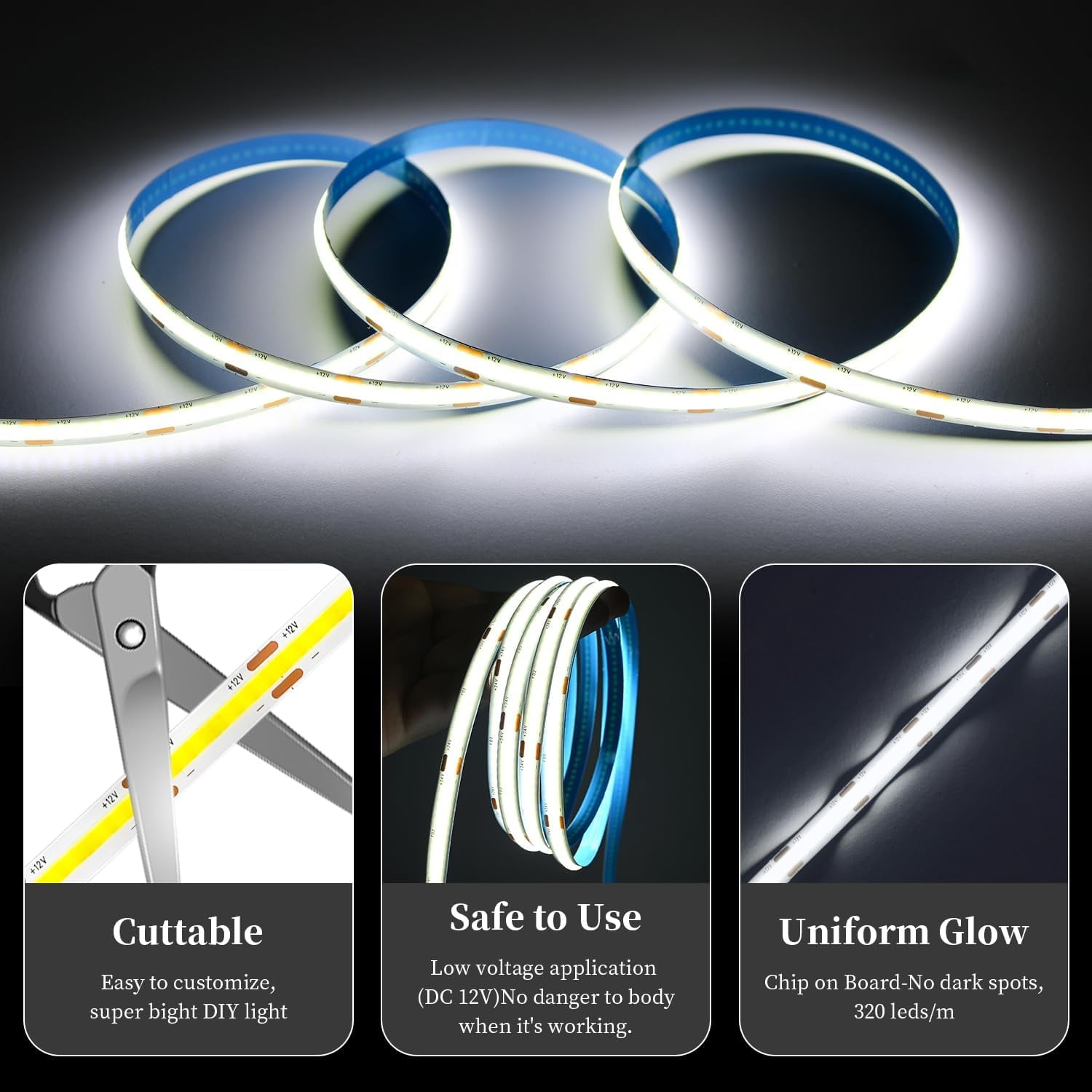 ASIASN-16.4FT 5M White COB LED Strip Light, 6000K Color Temperature ...