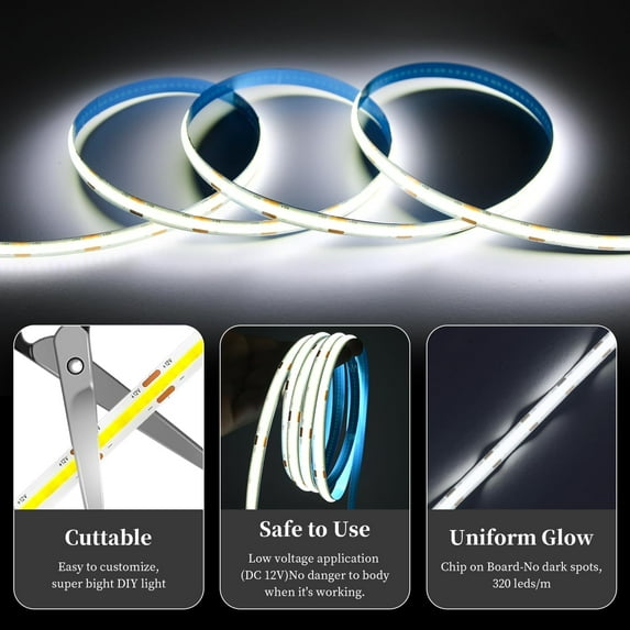 ASIASN-16.4FT 5M White COB LED Strip Light, 6000K Color Temperature ...