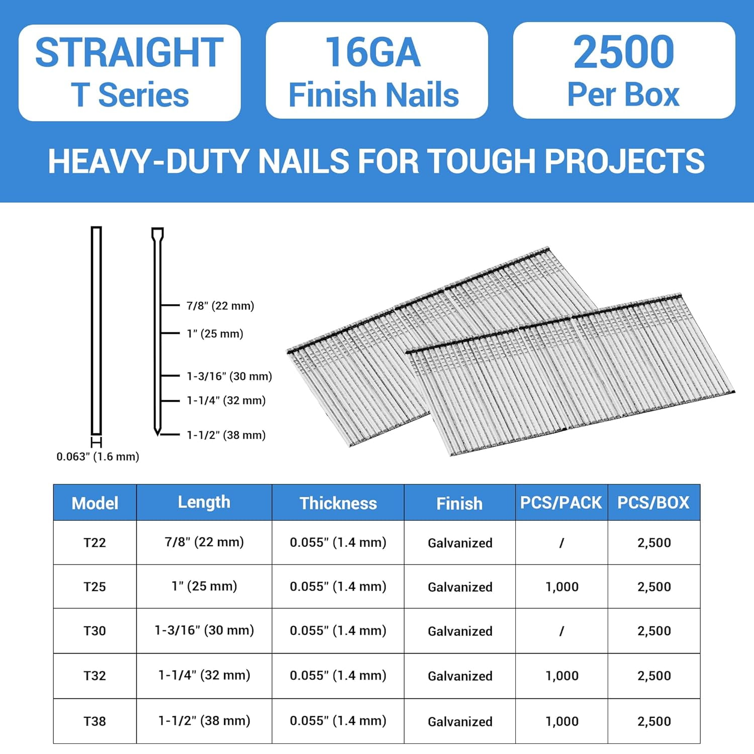 ASIASN-16 Gauge Finish Nails, 1-3/16-Inch Galvanized 16GA Finish Nails ...