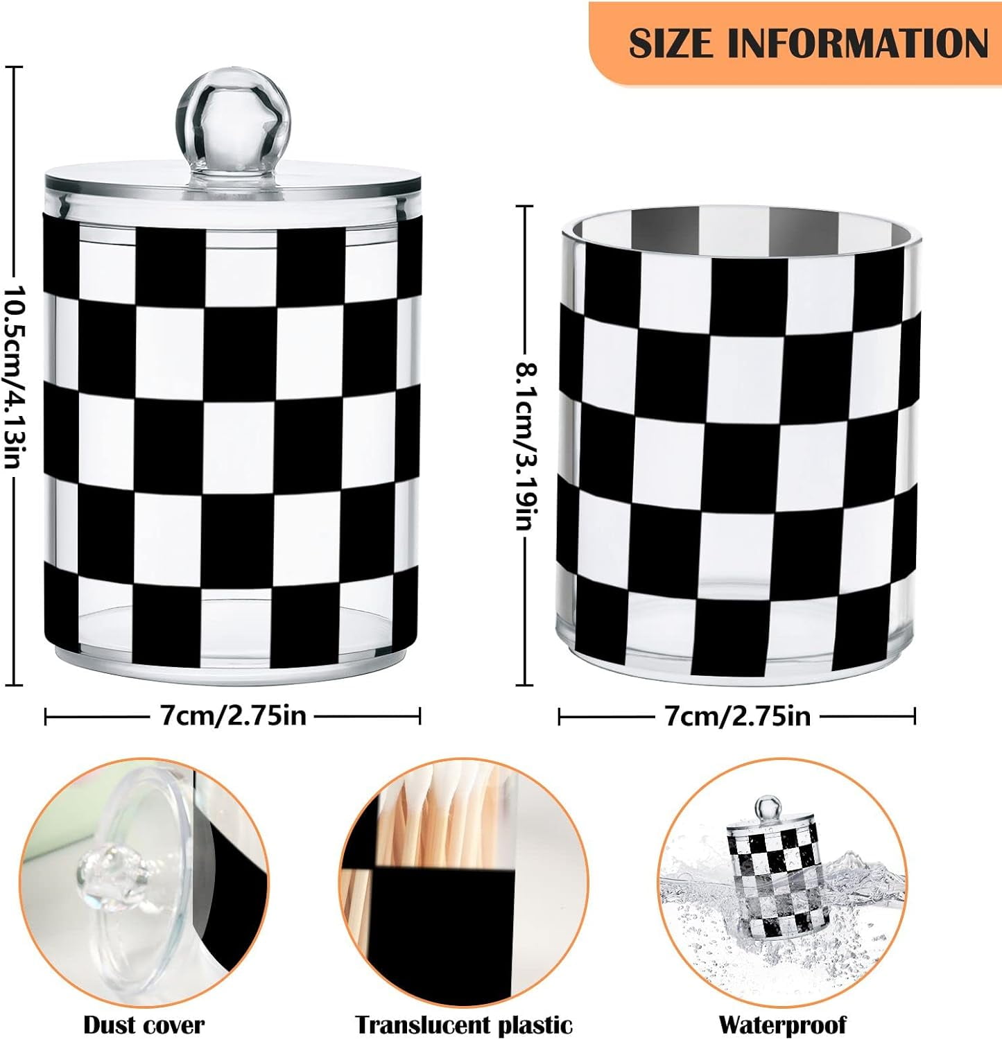 ASIASN-2 Pack Checkered Qtip Holder Dispensers, Plastic Apothecary Jar ...