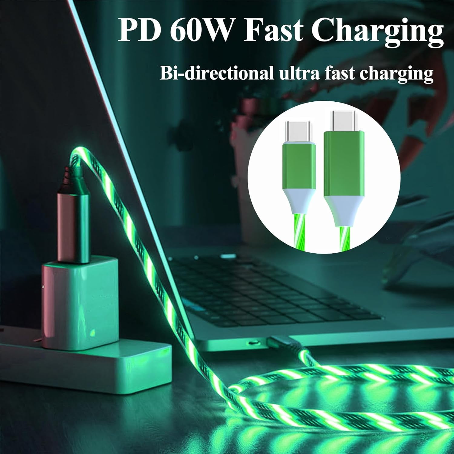 ASIASN-2 Pack Light up USB C to USB C Cable Fast Charging Cable LED ...