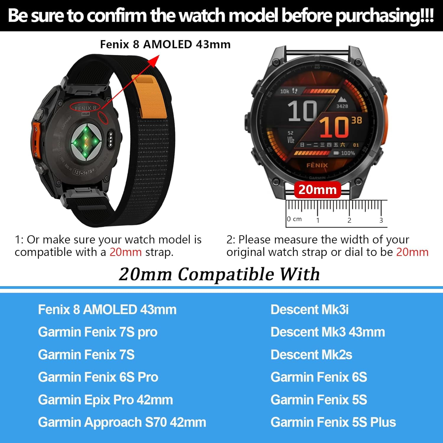 ASIASN-20mm Nylon Watch Band Compatible with Garmin Fenix 8 AMOLED 43mm ...