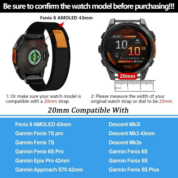 ASIASN-20mm Nylon Watch Band Compatible with Garmin Fenix 8 AMOLED 43mm ...