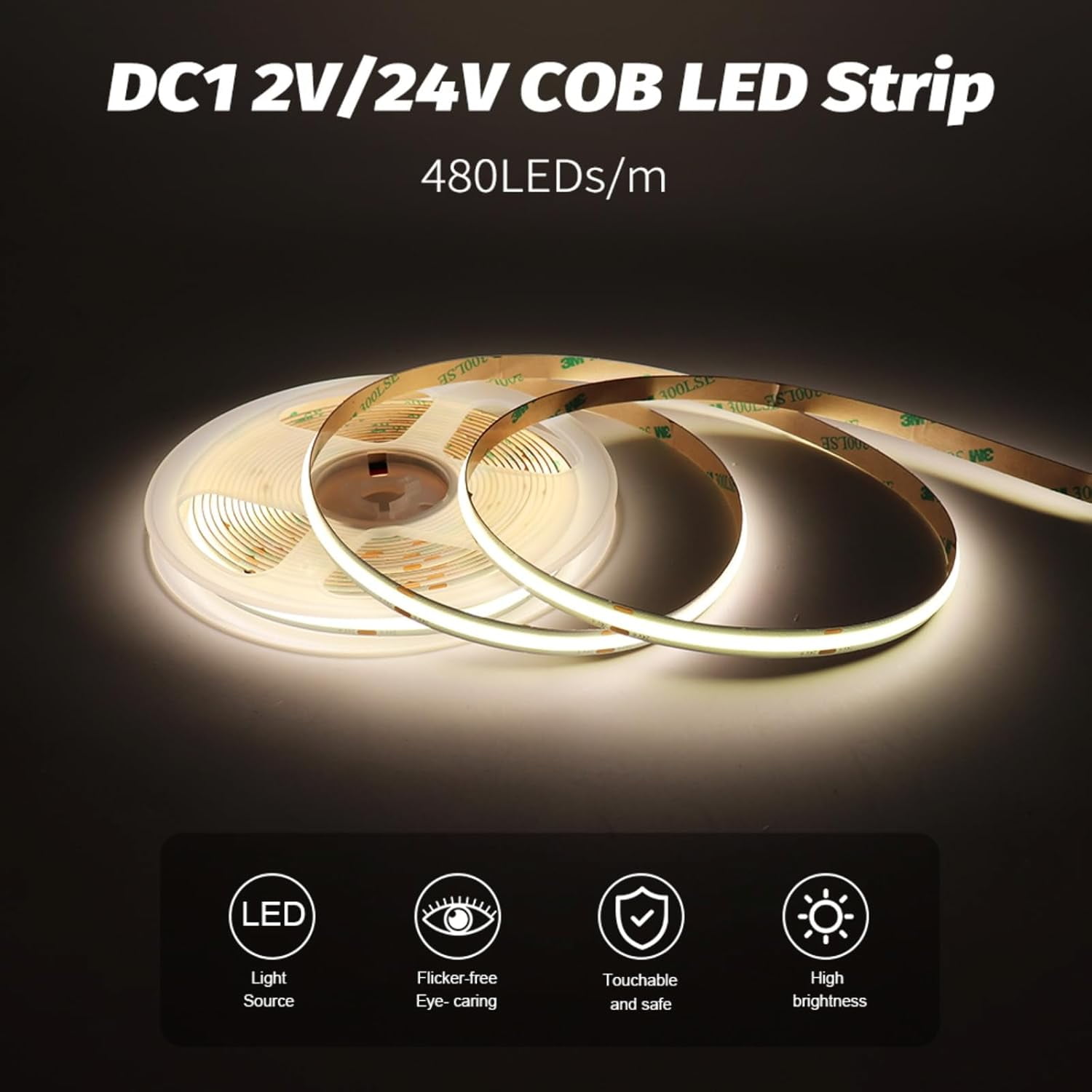 ASIASN-24V Cold White COB LED Strip Light, 480LEDs/m 16.4FT/5M CRI>90 ...