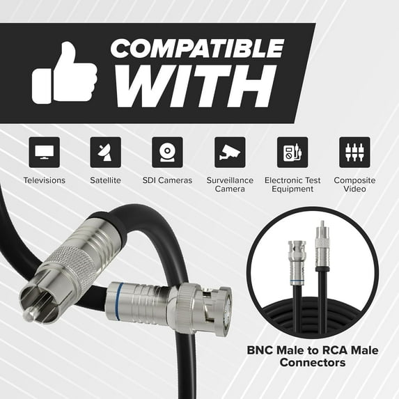 ASIASN-25 FT BNC to RCA RG6 Cable - Male BNC to Male RCA Cable - 75 Ohm ...