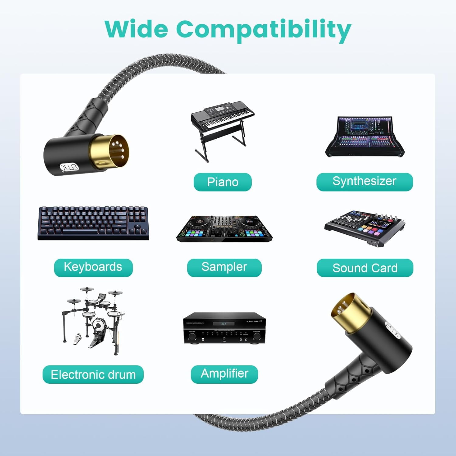 ASIASN-2Pack 1.5ft/60cm 90-Degree MIDI Cable - Ultra-Compact 5-Pin DIN ...